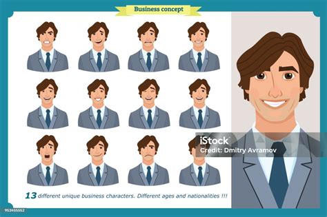 남성 얼굴 감정의 집합입니다 다른 식으로 젊은 비즈니스 맨 문자입니다 벡터 만화 스타일에 평면 그림입니다 사람 얼굴 남자 사람