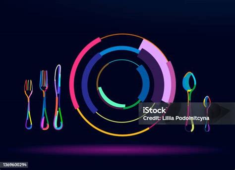 추상 테이블 설정 상단 보기입니다 여러 가지 빛깔의 페인트에서 빈 접시 숟가락 포크와 칼 저녁 식사에 대한 스톡 벡터 아트 및
