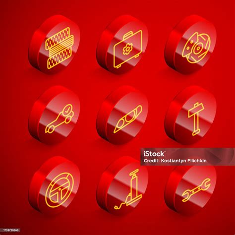 라인 자동차 타이어 휠 도구 상자 캘리퍼가 있는 브레이크 디스크 자동 서비스 점검 자동차 헤드라이트 해머 스티어링 및 공기 펌프 아이콘을 설정합니다 벡터 3차원 형태에 대한