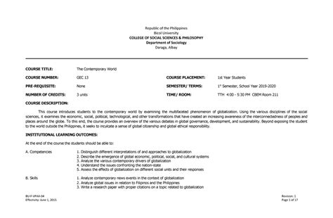 GEC 13 The Contemporary World Course Syllabus For TTh Republic Of The Philippines Bicol