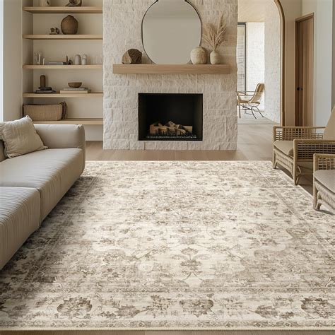 Wondrg 6x9 Washable Neutral Area Rug Beige Floral Living