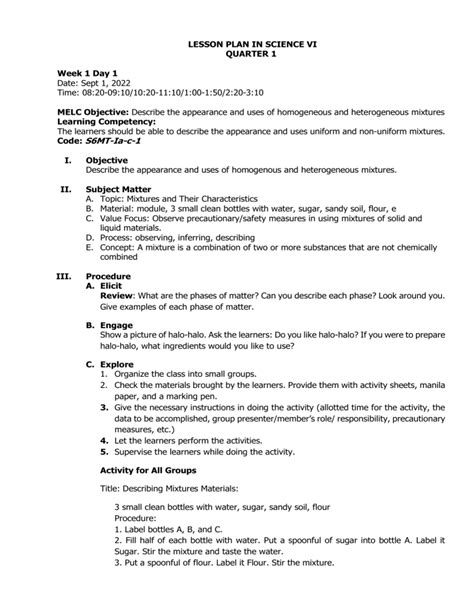Science Lesson Plan Mixtures Characteristics
