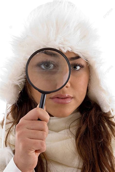 Female Looking Through Magnifying Glass Posing Attractive Glamorous Photo Background And Picture