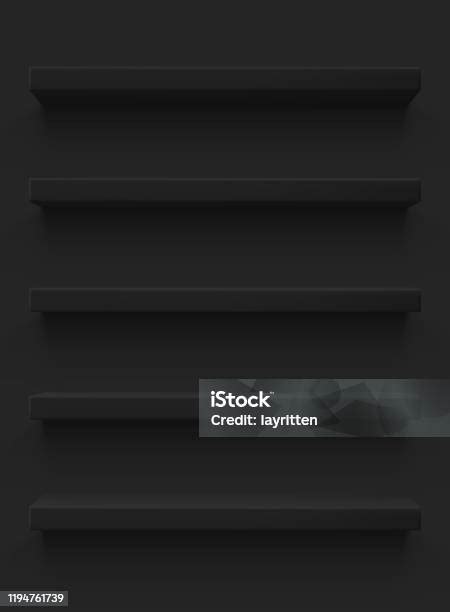 벽에 검은 색 3d 선반 나무 수평 현실적인 빈 선반 어두운 색에 대한 스톡 벡터 아트 및 기타 이미지 어두운 색 책장 검은색 Istock