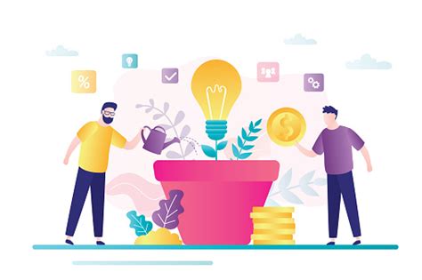 작은 팀은 최고의 비즈니스 아이디어를 성장 남성 캐릭터는 새로운 아이디어에 투자합니다 돈을 버는 개념 개념에 대한 스톡 벡터 아트 및 기타 이미지 Istock