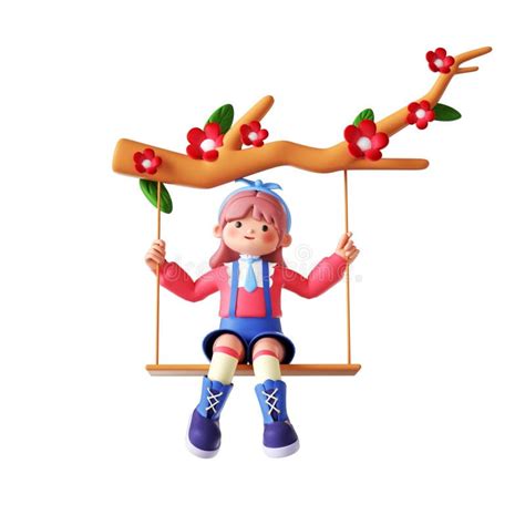 D Rendering Of A Cartoon Illustration Of A Girl On A Tree Branch Stock Illustration