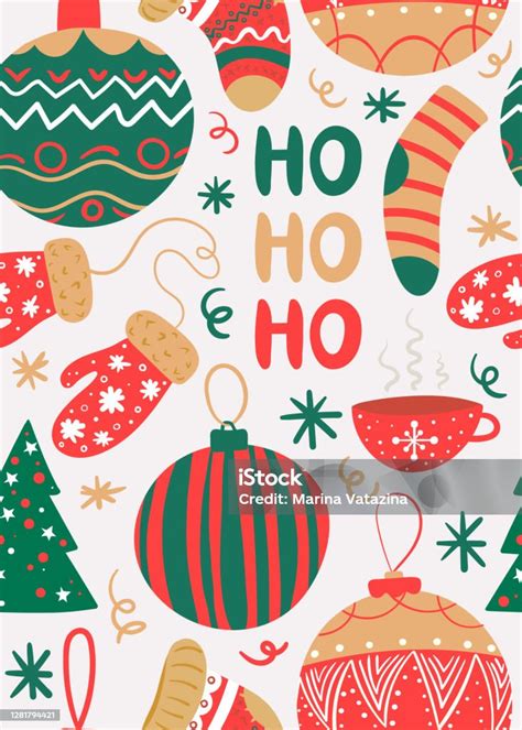 귀여운 손으로 그린 낙서 크리스마스 카드 브로셔 눈덩이 크리스마스 트리 눈송이 눈송이 장갑 공 양말 눈 크리스마스 휴가 배경 요소 매끄러운 패턴 겨울에 대한 스톡 벡터 아트