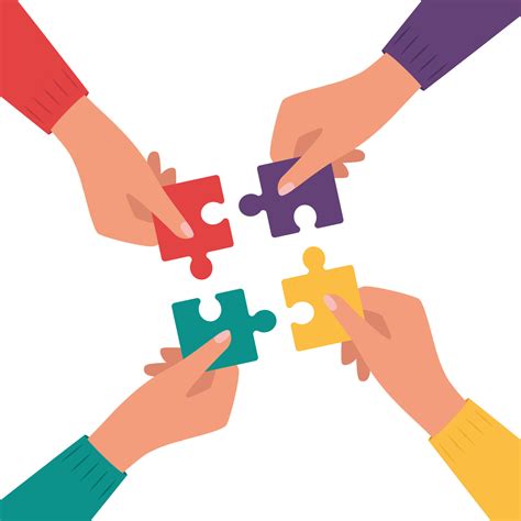 Four Hands Putting Multicolor Puzzle Pieces Together Teamwork Cooperation Business Solution