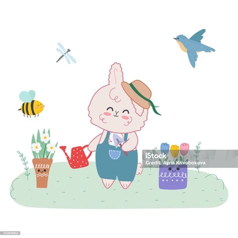 정원에서 꽃을 뿌리는 카와이 토끼의 벡터 일러스트레이션 엽서 포스터 및 장식을위한 여름과 봄 개념 0명에 대한 스톡 벡터 아트 및 기타 이미지 Istock