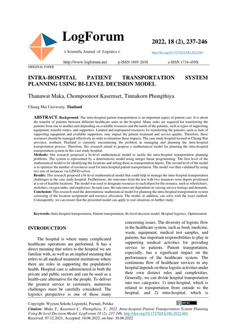 Pdf Intra Hospital Patient Transportation System Planning Using Bilevel Decision Model