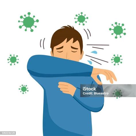 백색 배경에 주위에 바이러스 세포를 가진 재채기 남자 재채기와 기침을 할 때 팔이 코와 입을 덮는 남자 아픈 사람이 불고 계절