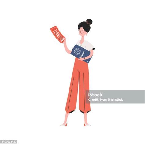 한 여성이 티켓을 들고 완전히 성장합니다 격리 프리젠 테이션 사이트를위한 요소 가방에 대한 스톡 벡터 아트 및 기타 이미지
