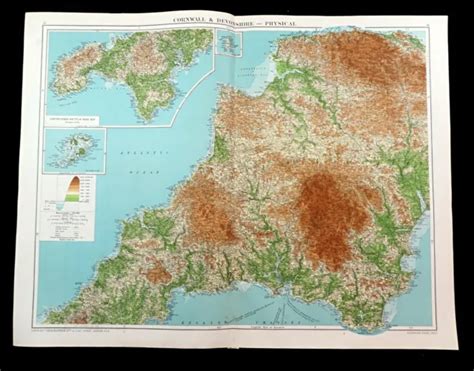 Map Of Devon Cornwall Cornish Physical Geography Post Ww1 Antique Large