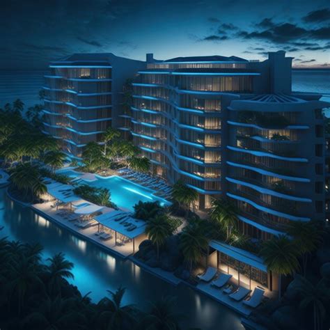 Un Edificio Con Piscina Y Palmeras De Noche Foto Premium