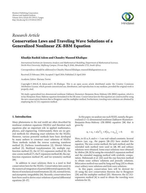 Pdf Conservation Laws And Traveling Wave Solutions Of A Generalized Nonlinear Zk Bbm Equation