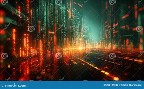 Futuristic Digital Cityscape With Glowing Binary Code Resembling Rain