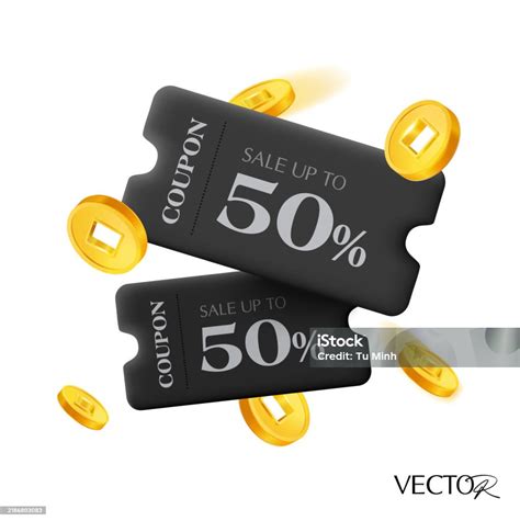 쿠폰 코드가 있는 3d 블랙 미니멀 쿠폰 백분율 가격 할인 황금 동전이 날아다니며 흰색 배경에 고립되어 있습니다 블랙 프라이데이를 위한 동전 배너 템플릿이 있는 상품권 3d