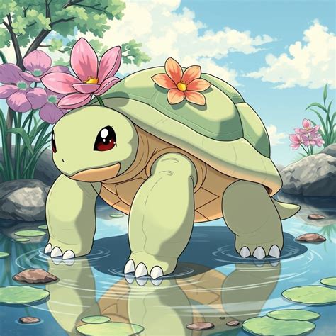 Majestic Bipedal Turtle Pokémon Adorns Serene Pond Ai Art