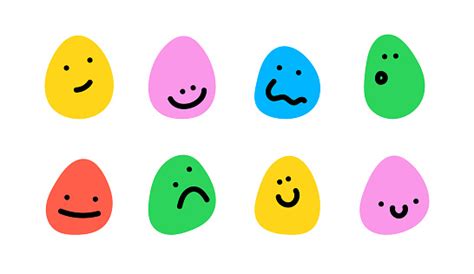 다른 감정을 가진 달걀 웃는 캐릭터와 마스코트 추상 스티커가 있는 재미있는 만화 삽화 만화 이모티콘 색상 아이콘입니다 다양한 감정 벡터 추상 유행 얼굴 감정 세트 사람 같은