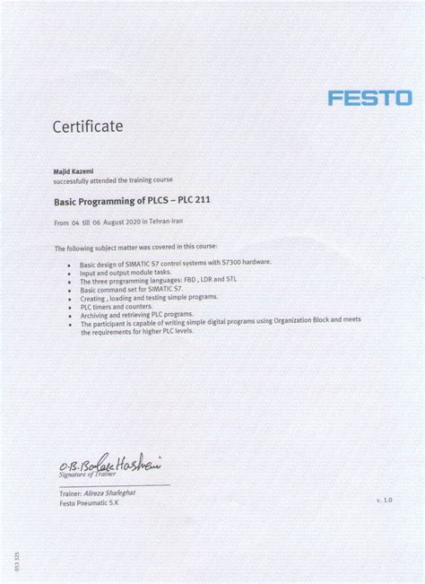 Majid Kazemi On Linkedin Completed The Certificate Of Plc Programming Course By Festo
