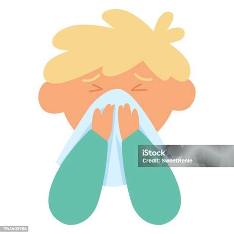 아픈 아이가 독감이나 알레르기로 고통받는 손수건에 코를 풀고 있습니다 감기와 독감에 대한 스톡 벡터 아트 및 기타 이미지 감기와 독감 건강관리와 의술 금발 머리