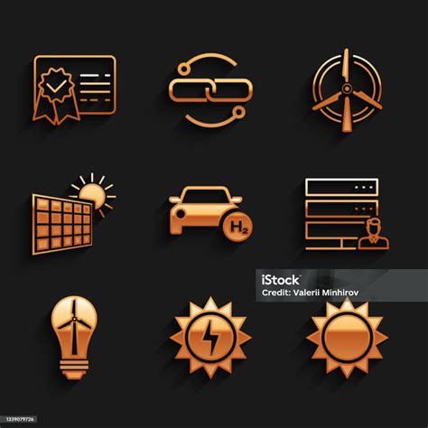 수소차 태양 에너지 패널 태양 고객 관리 서버 풍력 터빈이 있는 전구 태양 회전 및 인증서 템플릿 아이콘을 설정합니다 벡터 검은색에 대한 스톡 벡터 아트 및 기타 이미지