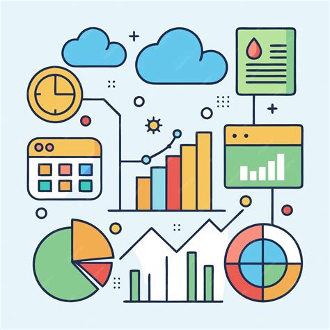 A Colorful Illustration With Various Charts Graphs And Icons Including A Clock Calendar Pie