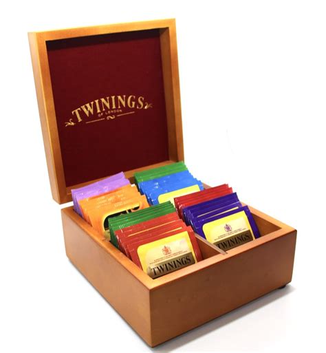 Twinings Tea Chest Box 4 Compartment Oak Wood Finish Red Velvet Inside Comes With 40 Twinings