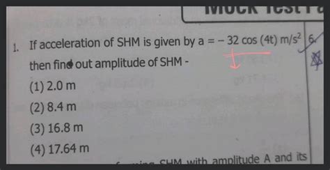 If Acceleration Of Shm Is Given By A 32 Cos 4 T Mathrm{m} Mathrm{