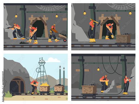 Set Of Miners Extracting Minerals From Underground Flat Vector Illustration Stock Vector