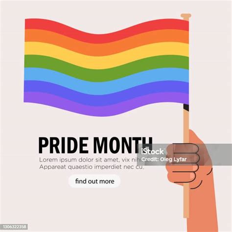 사람들은 폭력 유죄 인권 침해에 대한 자부심의 달 축하 기간 동안 성소수자 무지개와 함께 손 깃발을 들고 있다 성적 반인사 카드 사각형 배너 또는 포스터 기에 대한 스톡