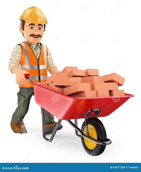 рабочий строитель 3d с тачкой полной кирпичей Иллюстрация штока иллюстрации насчитывающей