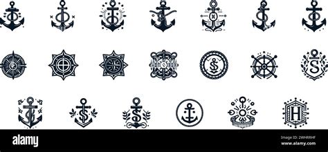 Stylized Sea Navigation Symbols Anchors And Steering Stock Vector