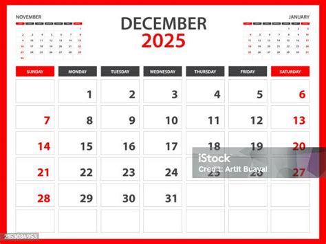 2025 년 12 월 2025 년 월간 달력 템플릿 주 일요일에 시작 탁상 달력 2025 디자인 벽 달력 플래너 디자인 문구 인쇄 매체 빨간색 배경 벡터 12월에 대한 스톡