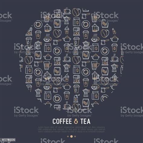 얇은 선 아이콘 원에 커피와 차 개념 종이 컵 Cezve 커피 메이커 주전자 카푸치노 컵 레몬 차 려 분쇄기 배너 웹 페이지에