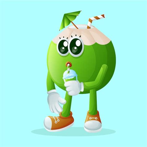 빨대로 그린 스무디를 마시는 귀여운 코코넛 캐릭터 프리미엄 벡터