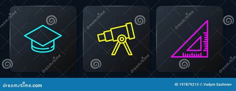 Set Line Graduation Cap Triangular Ruler And Telescope Black Square Button Stock Vector