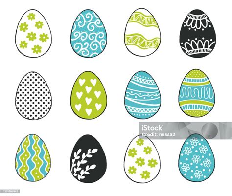 행복 부활절 인사말 템플릿 카드 색상 파란색과 녹색 손으로 그린 현대 계란 벡터 그림입니다 0명에 대한 스톡 벡터 아트 및 기타 이미지 Istock