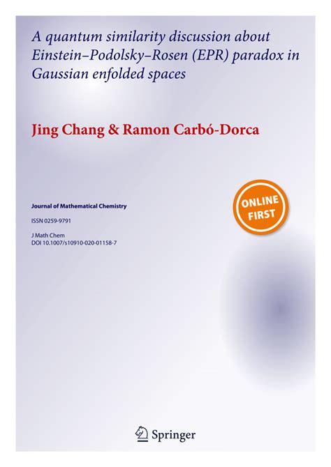 Pdf A Quantum Similarity Discussion About Einsteinpodolskyrosen Epr Paradox In Gaussian