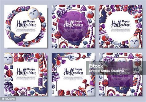 할로윈 초대장 또는 인사말 카드에 대한 벡터 배경 집합입니다 포스터 유령과 박쥐 쿠키 사탕 과자 쿠키 막대 사탕이 있는 배너 전단지 배경에 적합 초콜릿에 대한 스톡 벡터