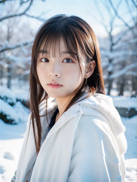 눈 속에서 하얀 재킷을 입은 여성의 클로즈업 Seaart Ai