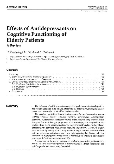 Pdf Effects Of Antidepressants On Cognitive Functions A Review