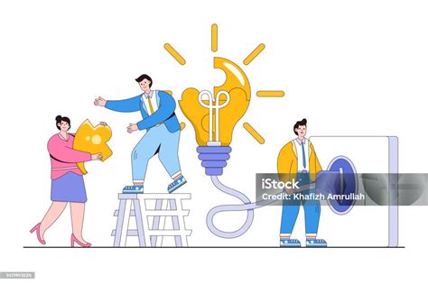 비즈니스 성공을 위한 팀워크 협력 또는 협업 동료 또는 동료 개념 간의 파트너십 사업가 팀은 전구 퍼즐을 해결하고 그것을 연결하기 위해 서로를 지원합니다 공동체에 대한 스톡