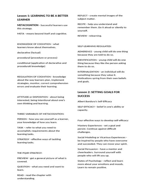 Uts Final Lesson Reviewer Pdf Self Efficacy Metacognition