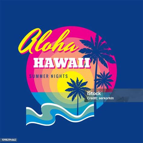 알로하 하와이 여름t셔츠 및 다른 인쇄 빈티지 복고 그래픽 스타일 배지 벡터 일러스트 레이 션 개념 손바닥을 태양 바다 파도 휴가 휴가 레이블 여름의 밤 하와이 제도에 대한