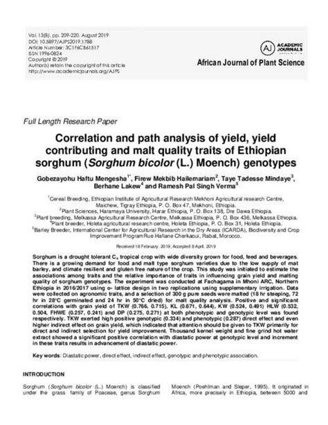 Correlation And Path Analysis Of Yield Yield Contributing And Malt Quality Traits Of Ethiopian