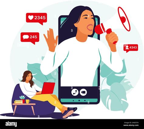 Blogger With Loudspeakers Announcing News Attracting Target Audience Marketing Promotion