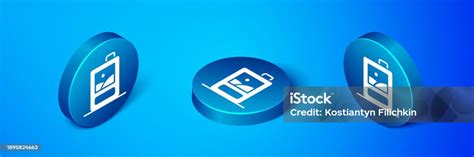 파란색 배경에 고립 된 와인 아이콘의 등색 골판지 상자 파란색 원 버튼입니다 벡터 3차원 형태에 대한 스톡 벡터 아트 및 기타