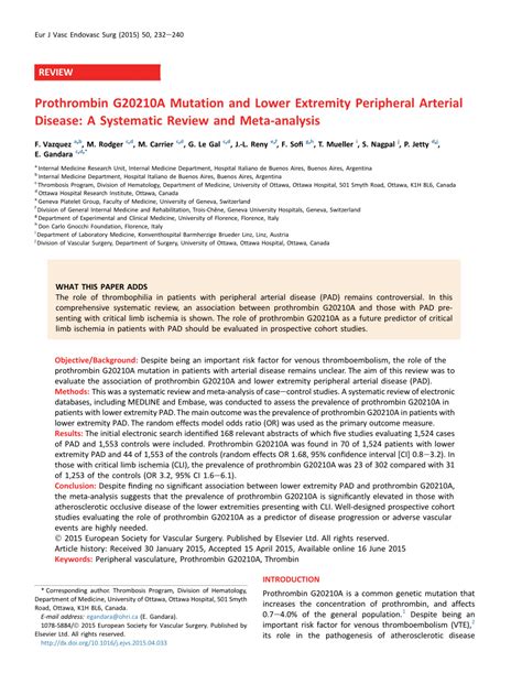 Pdf Prothrombin G20210a Mutation And Lower Extremity Peripheral Arterial Disease A Systematic