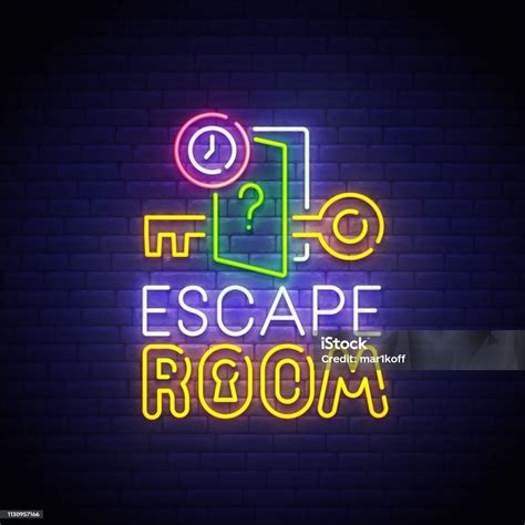 실내 네온 사인 밝은 간판 빛 배너를 탈출 퀘스트 룸 로고 네온 엠 블 럼 벡터 일러스트 방탈출 게임에 대한 스톡 벡터 아트 및 기타 이미지 Istock